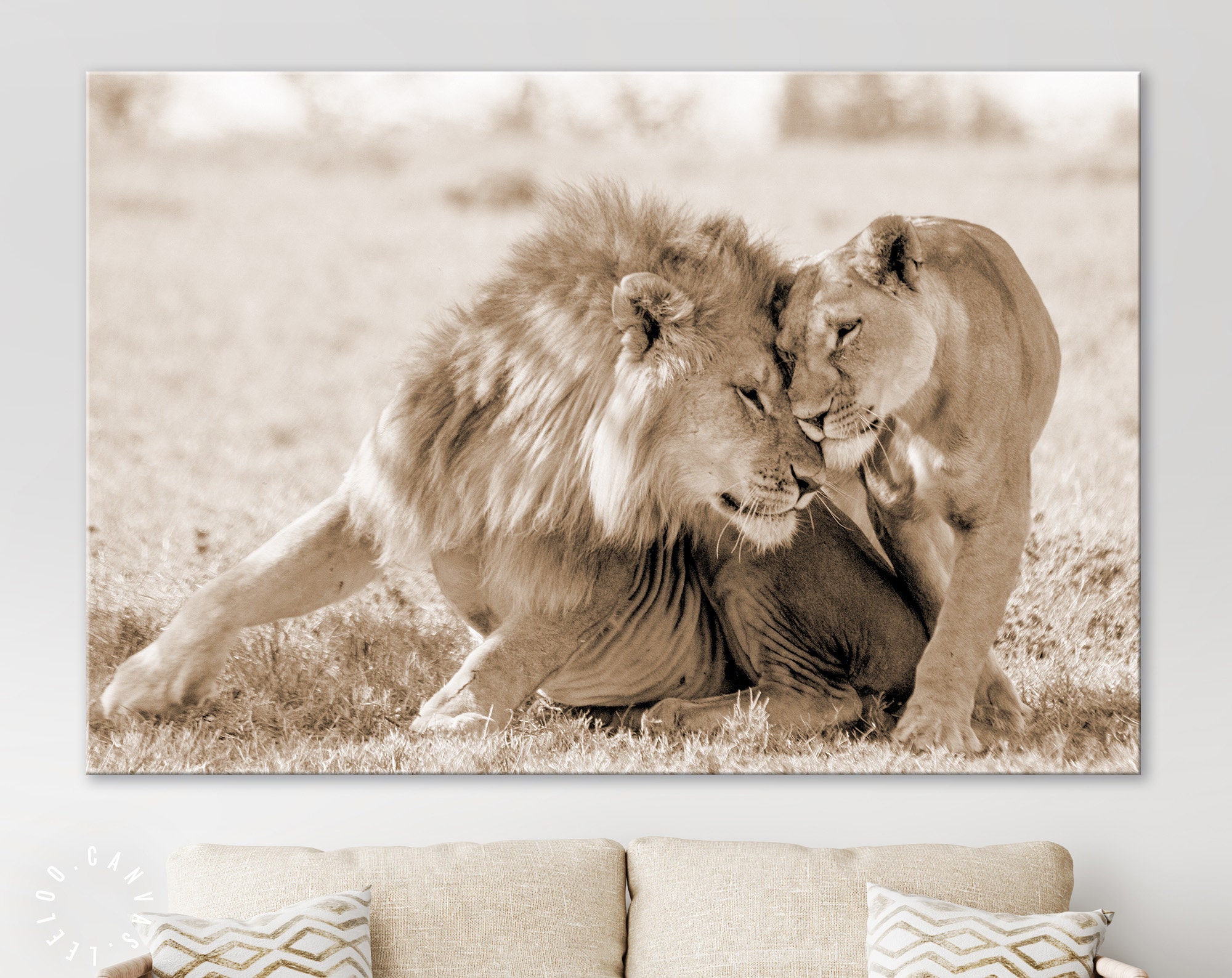 Lions in Love Sepia Canvas Print // Lion Couple Sepia Wall Art - Etsy