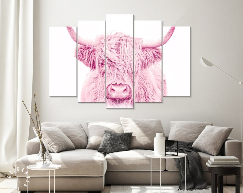 Pink Highland Cow Canvas Print // Highland Cow Pink Canvas - Etsy