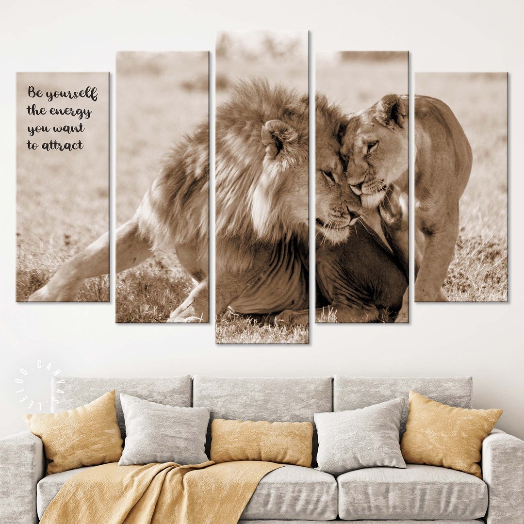 Custom Text Lions in Love Sepia Canvas Print // Lion Couple Sepia Wall ...