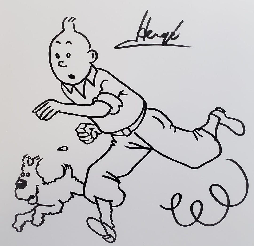 The Adventures of Tin Tin Hergé Illustration Art Drawing, Signed Tin ...