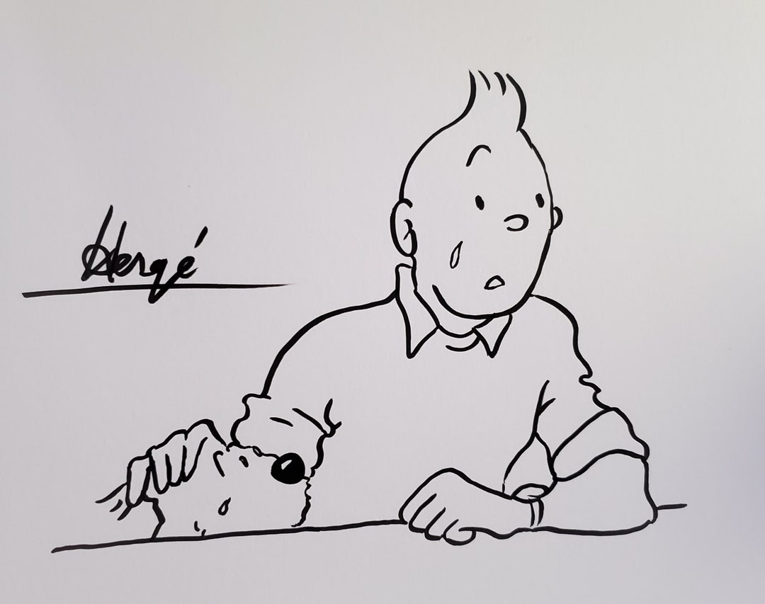 Hergé - the Adventures of Tin Tin Illustration Drawing, Signed Tin-tin ...