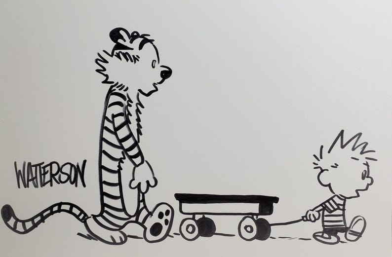 Calvin & Hobbs Illustration Drawing, Bill Watterson Comic Ink Drawing ...