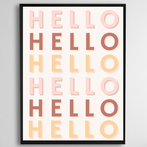 Hello Printable, Neutral Poster, Retro Wall Art, Hello Sign, Colorful ...