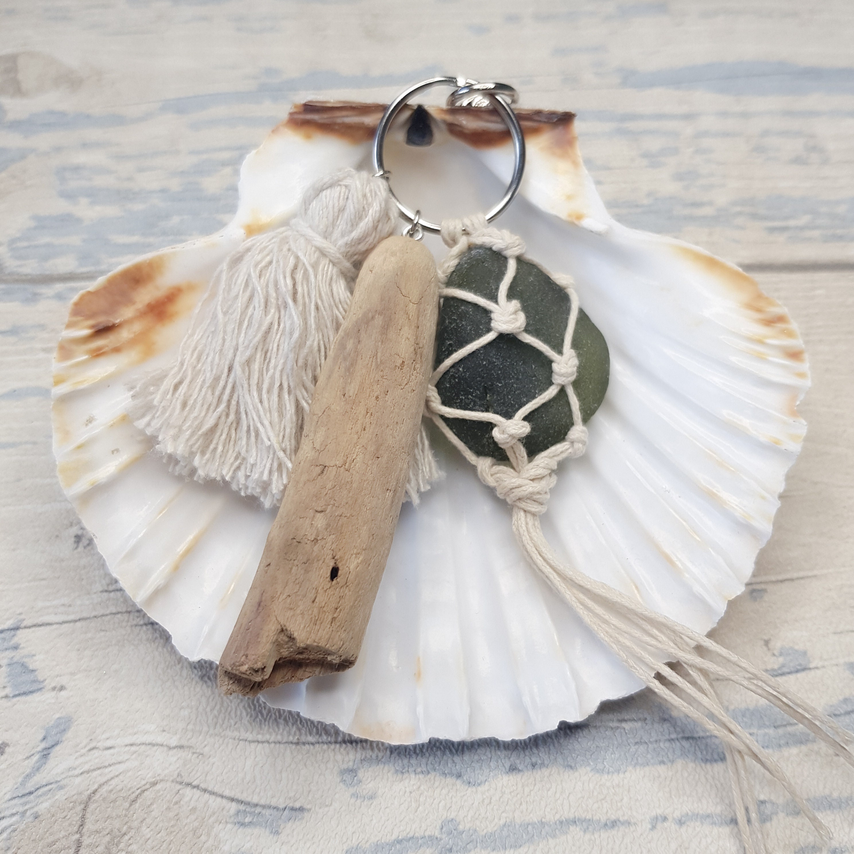 Seaglass Macrame Keychain Driftwood Keychain, Seaglass Keyring,coastal ...