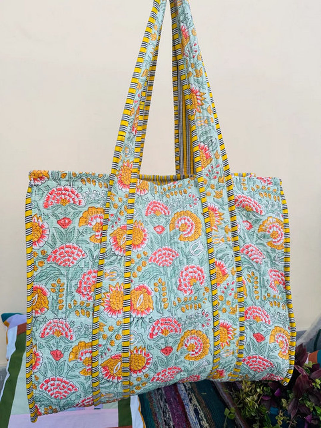 Indian Handmade Cotton Quilted Tote Bag Shoulder Bag Floral Printed ...
