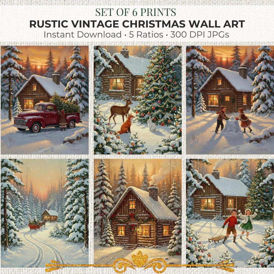 Rustic Cabin Christmas Art Prints | Vintage Winter Holiday Decor Bundle ...