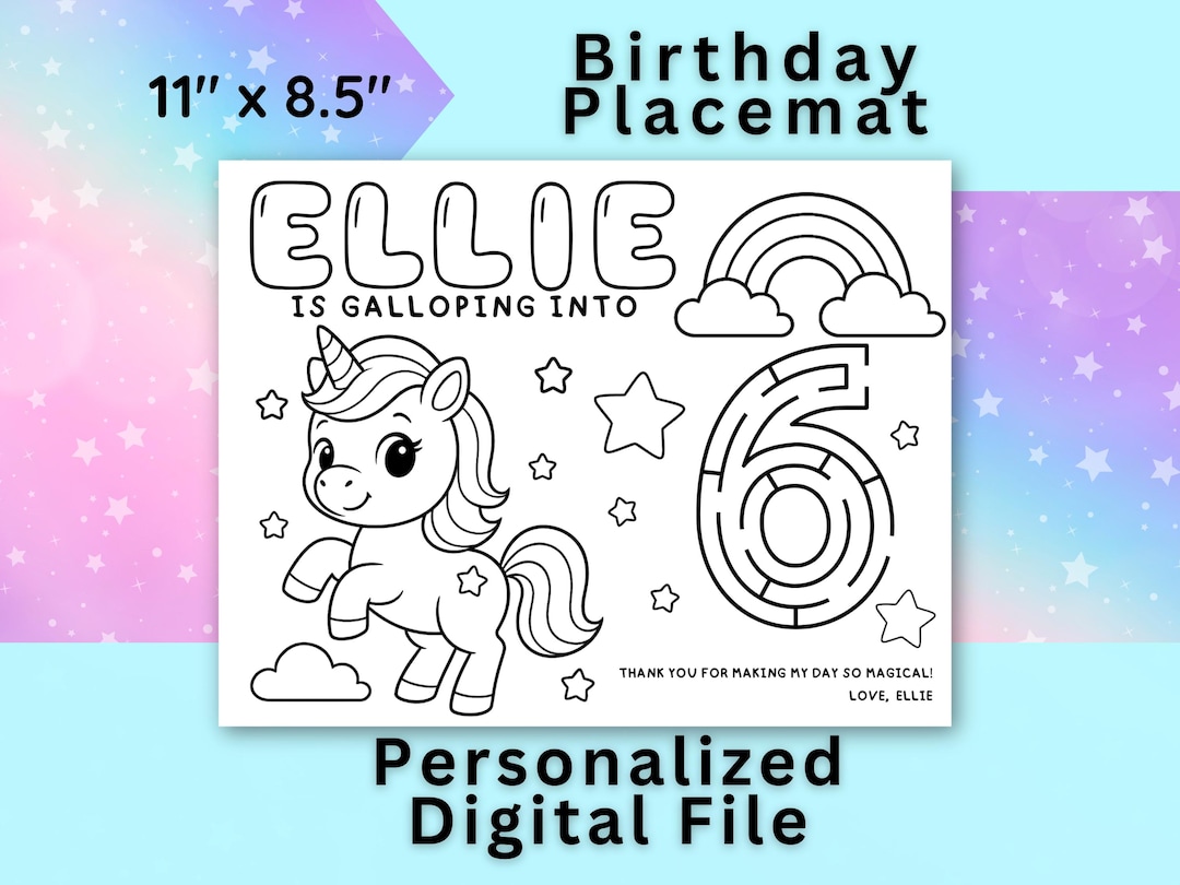 Personalized Unicorn Birthday Placemat | Coloring Page Activity ...