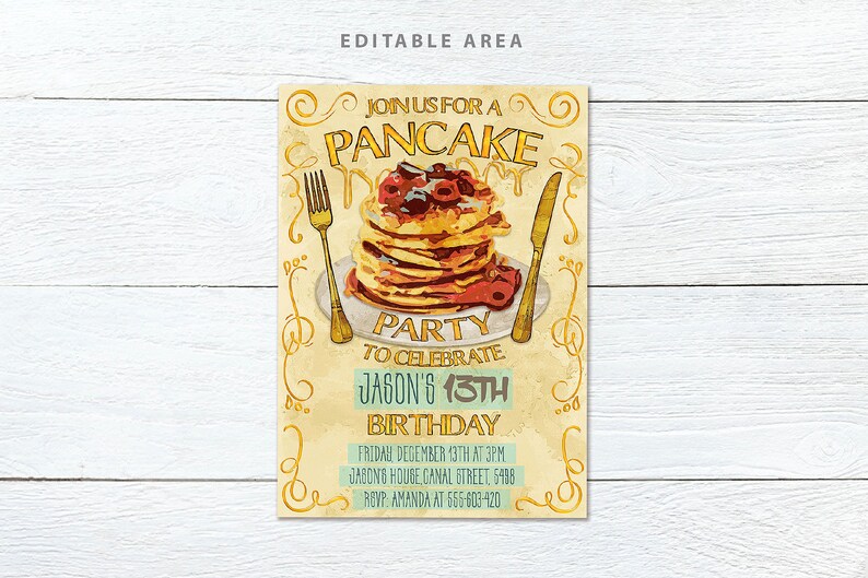 Pancake Party Invitation, Birthday Party Invitation, Printable Pancake ...