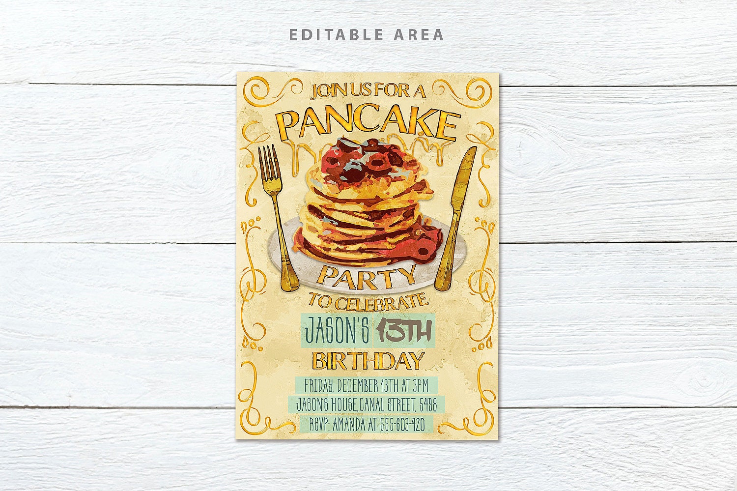 Pancake Party Invitation, Birthday Party Invitation, Printable Pancake ...