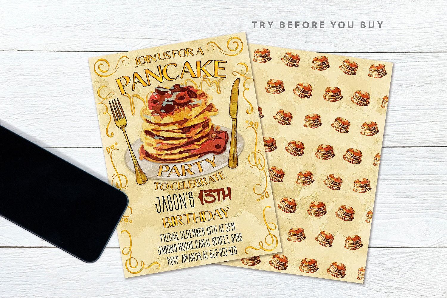 Pancake Party Invitation, Birthday Party Invitation, Printable Pancake ...