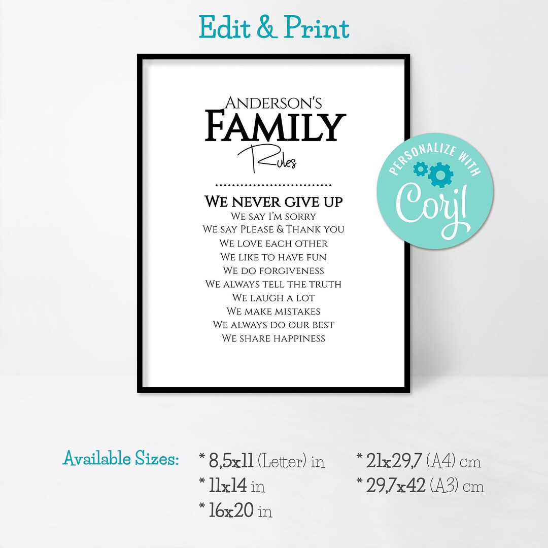 Editable Family Rules Sign, Edit Yourself With Corjl, Family Wall Art ...