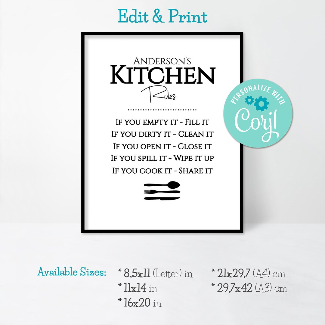 Editable Kitchen Rules Sign, Edit Yourself With Corjl, Kitchen Wall Art ...