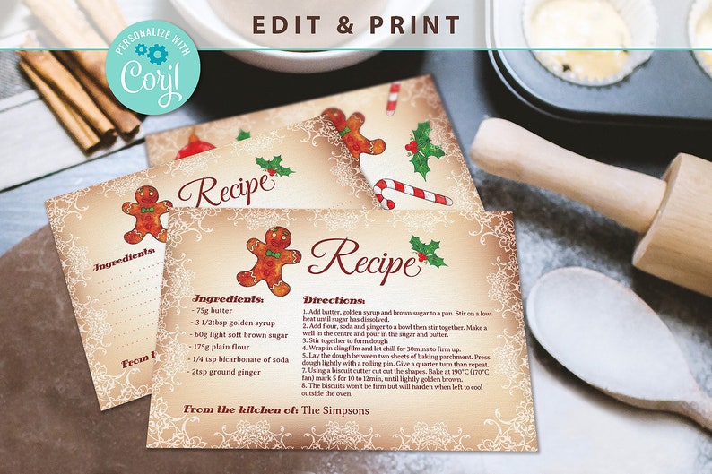 Gingerbread Man Recipe Card, Cooking Recipe Template, Printable Recipe ...