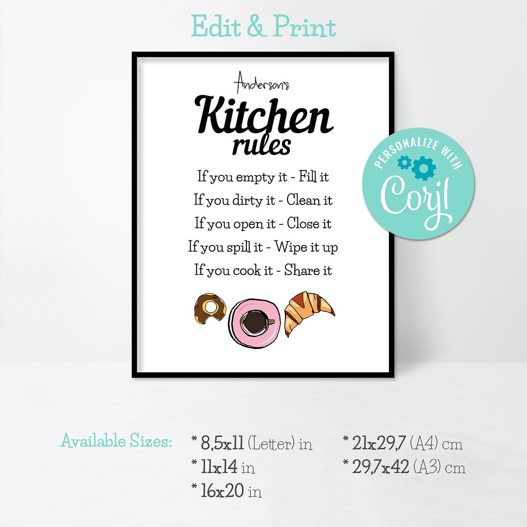 Kitchen Rules, Editable Wall Art, Edit With Corjl, Kitchen Sign ...
