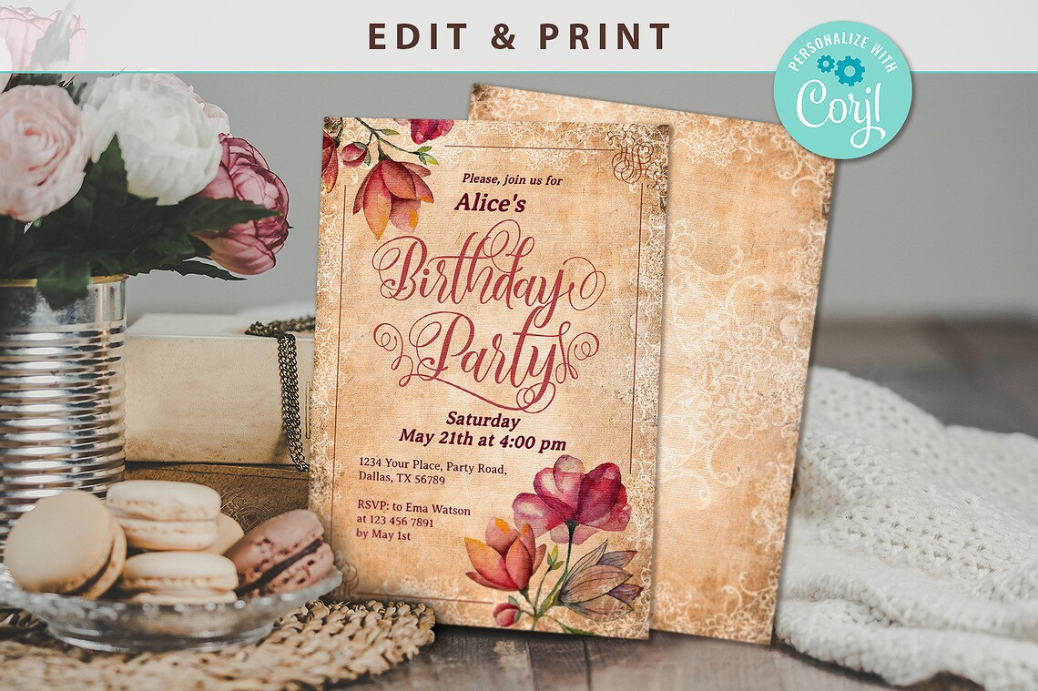 Rustic Birthday Party Invitation Birthday Floral Invite - Etsy