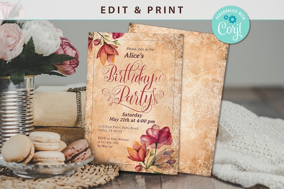 Rustic Birthday Party Invitation Birthday Floral Invite - Etsy