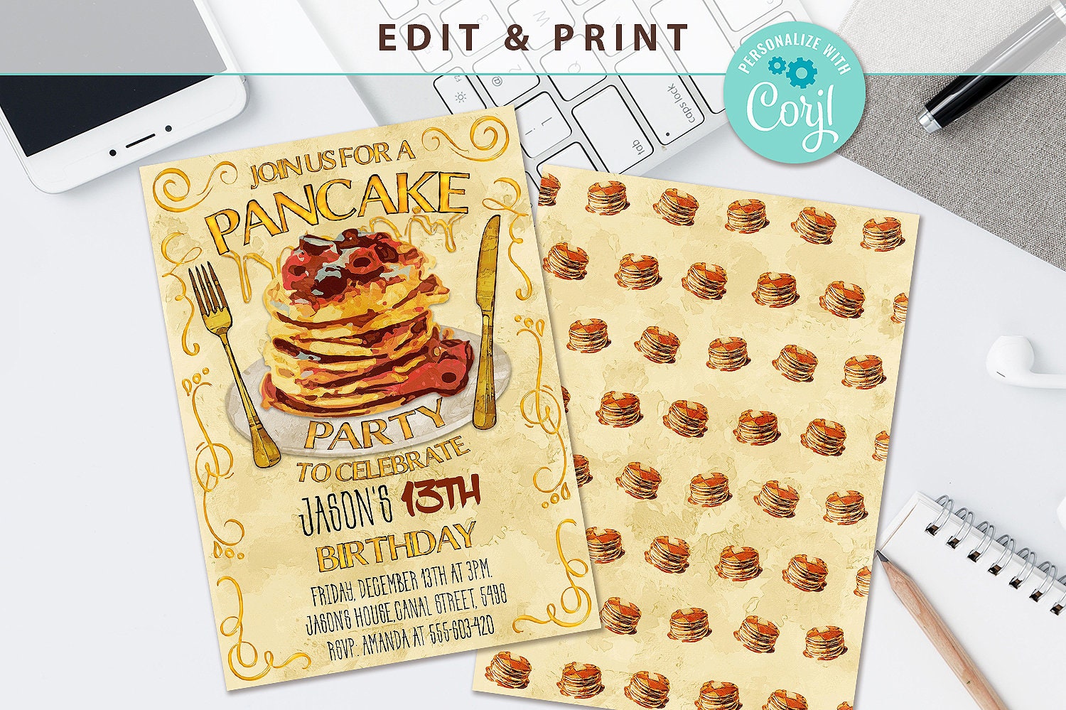 Pancake Party Invitation, Birthday Party Invitation, Printable Pancake ...