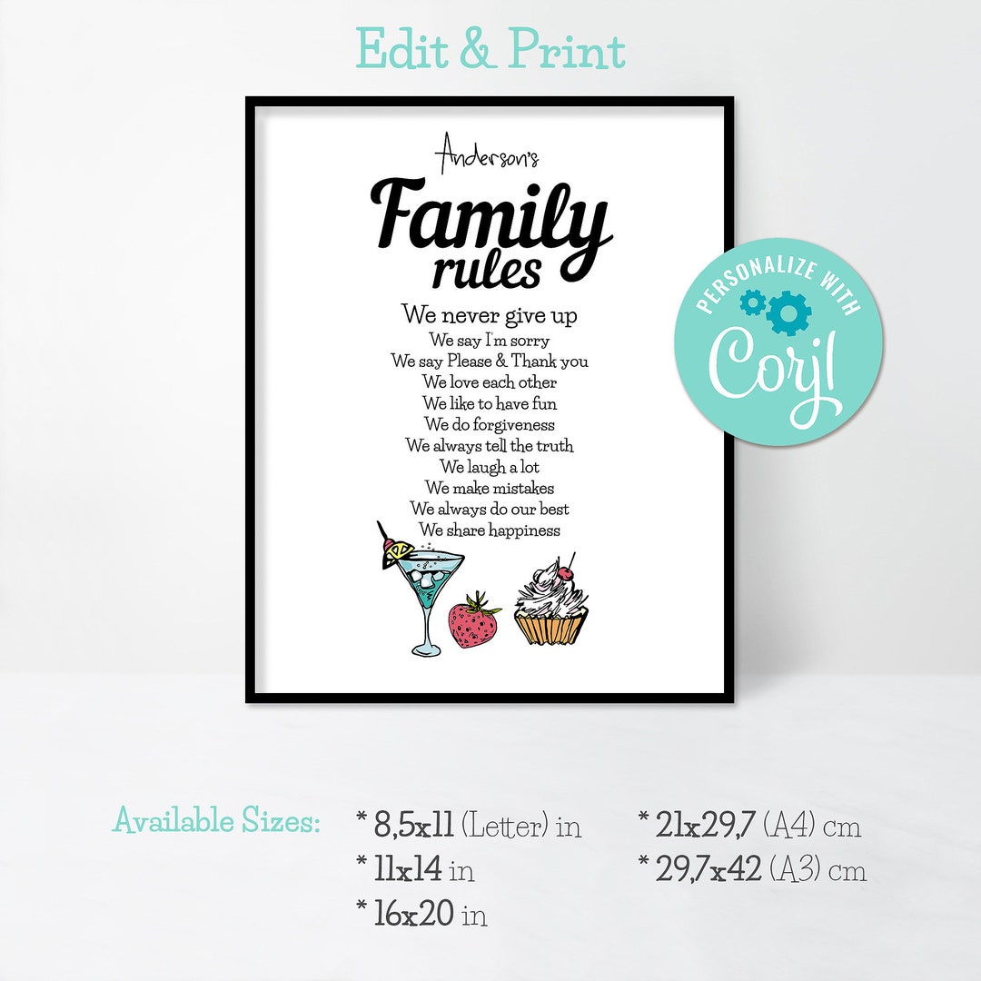 Family Rules, Editable Wall Art, Edit Yourself With Corjl, Family Sign ...