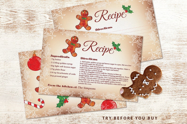 Gingerbread Man Recipe Card, Cooking Recipe Template, Printable Recipe ...