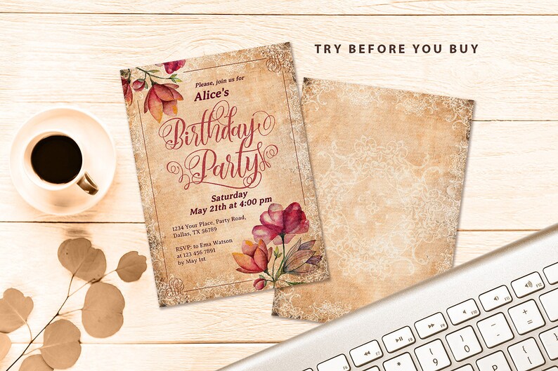 Rustic Birthday Party Invitation Birthday Floral Invite - Etsy