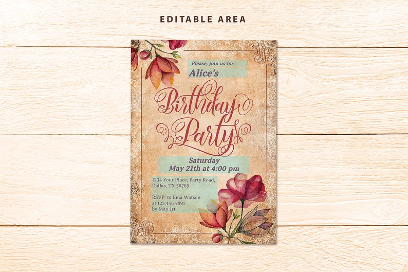 Rustic Birthday Party Invitation Birthday Floral Invite - Etsy