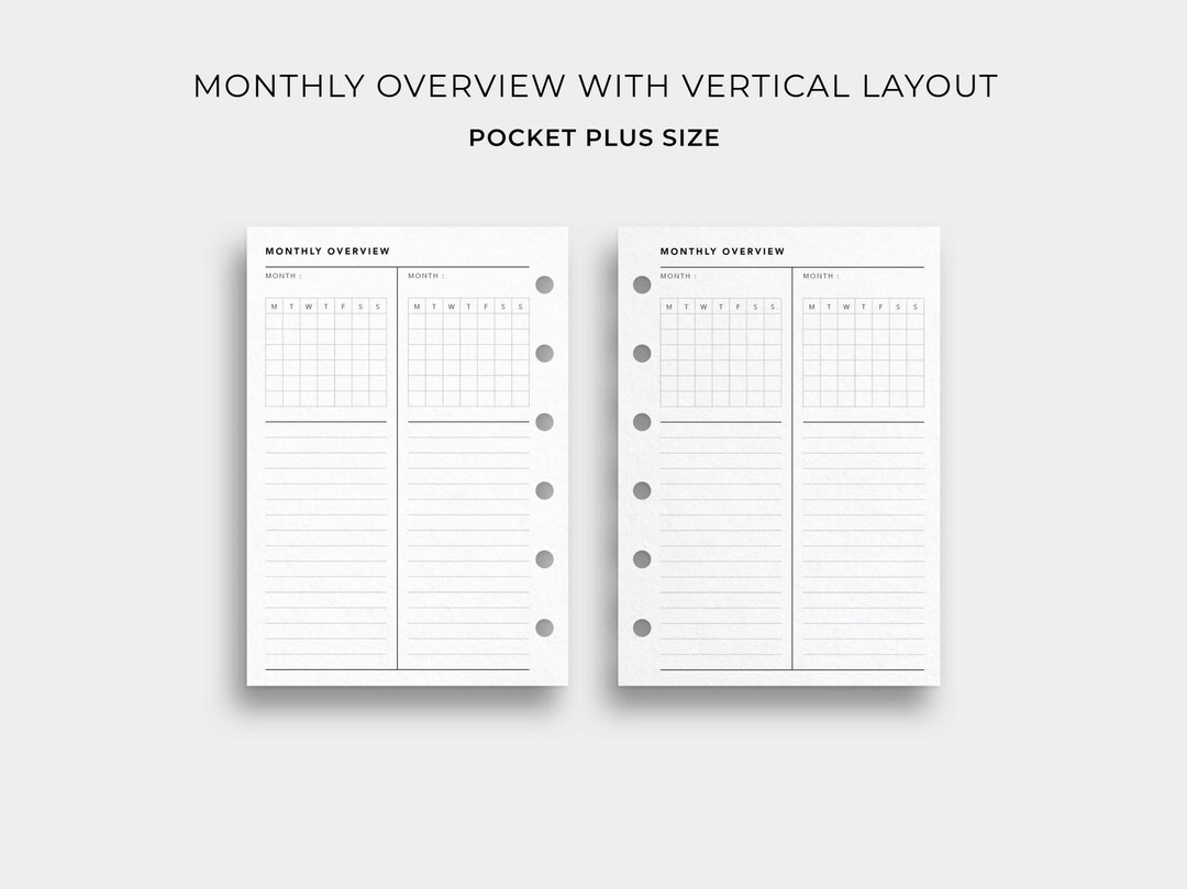 Monthly Overview Vertical Layout , Pocket Plus Size Printable Monthly ...