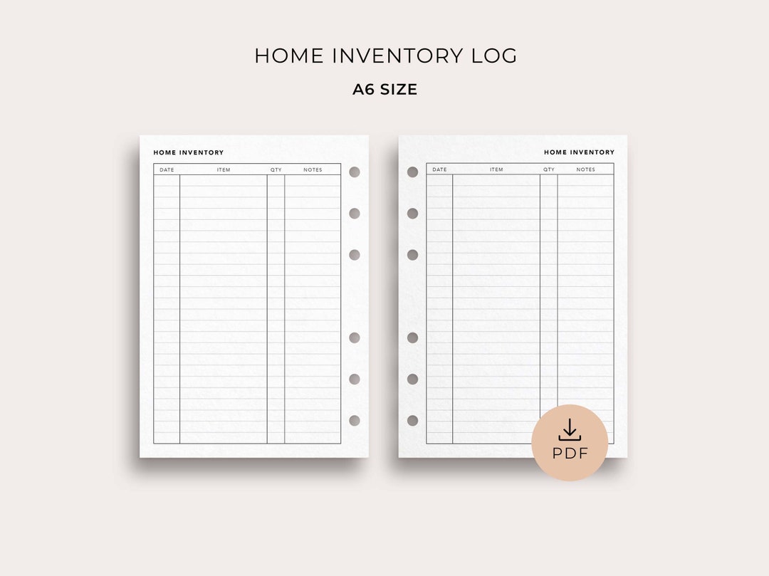 Home Inventory Log, A6 Size Printable Home and Kitchen Organization ...