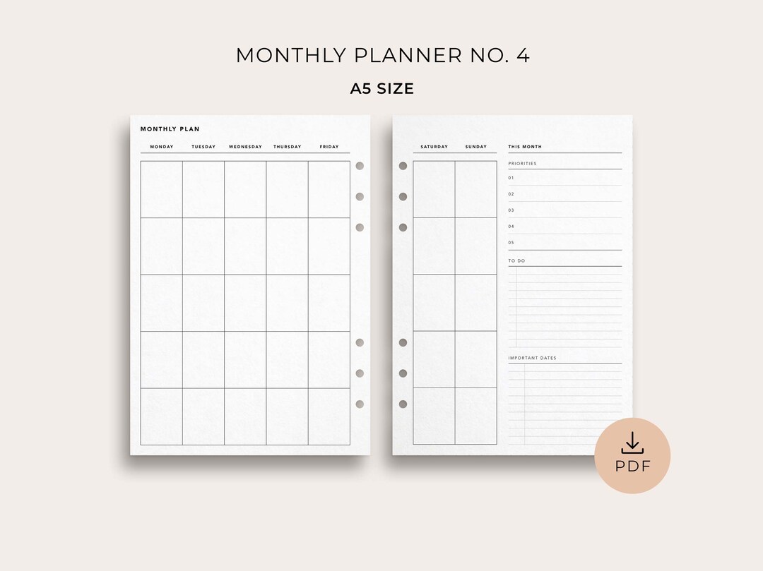 Printable Monthly Planner No. 4 A5 Size Month on 2 Pages - Etsy