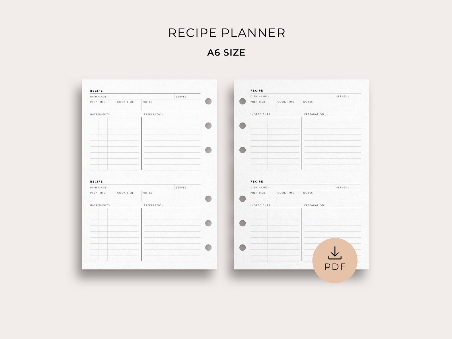 Recipe Planner, A6 Size Printable Kitchen Organization Template ...