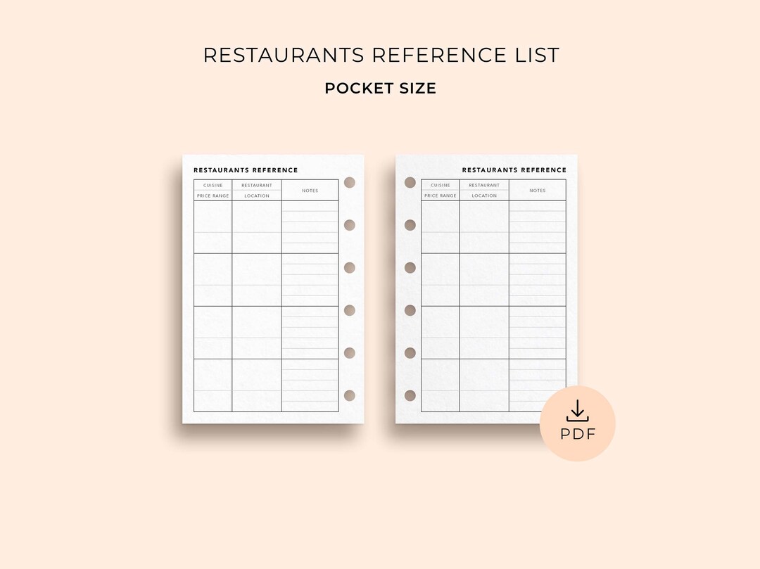 Restaurants Reference List, Pocket Size Printable Favourite Restaurant ...