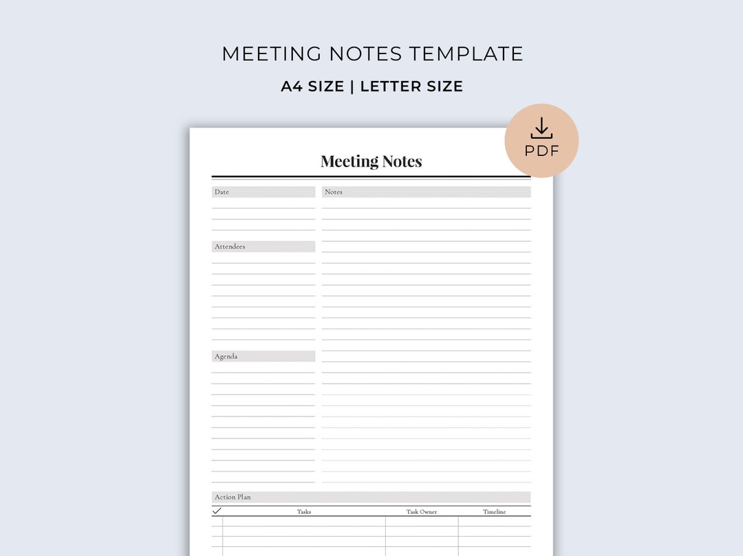 Meeting Notes Template, A4 Size, Letter Printable Meeting Planner ...