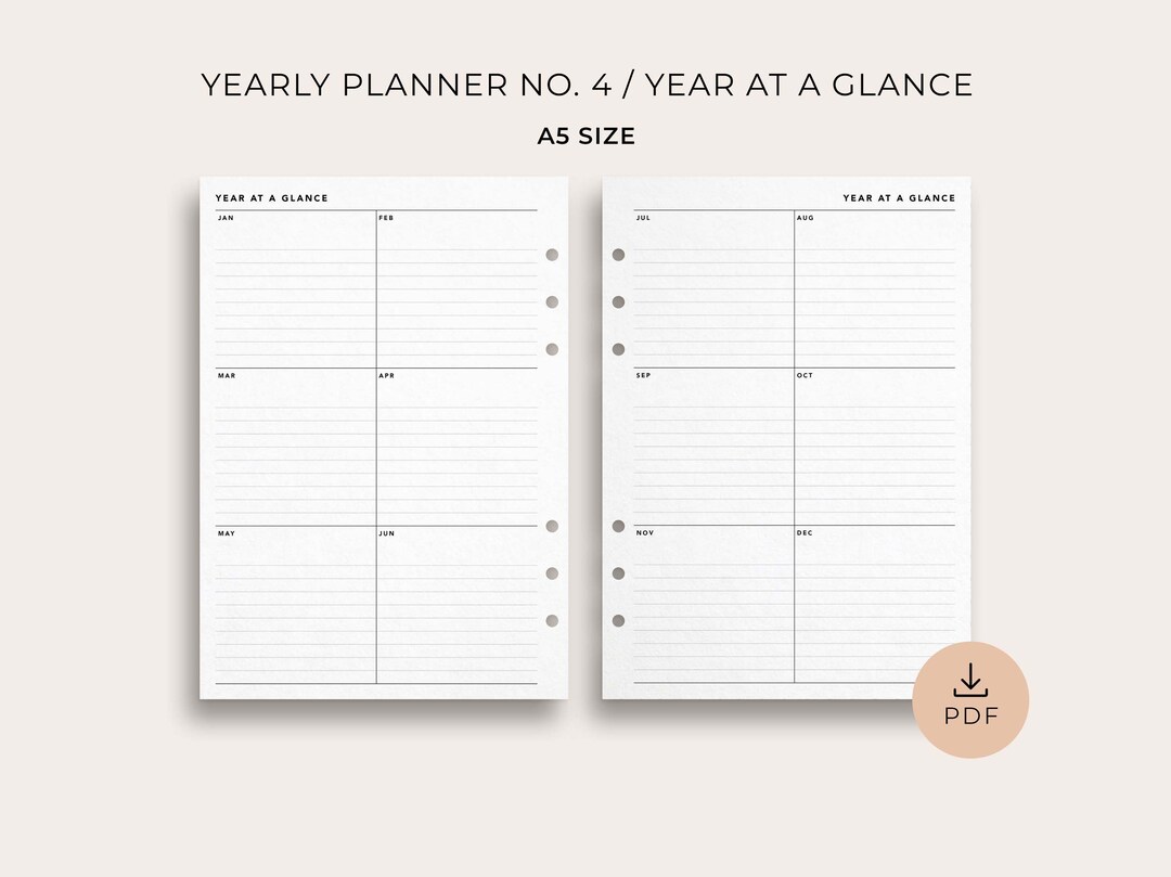 Yearly Planner No. 4, A5 Size Printable Annual Overview, Year on Two ...
