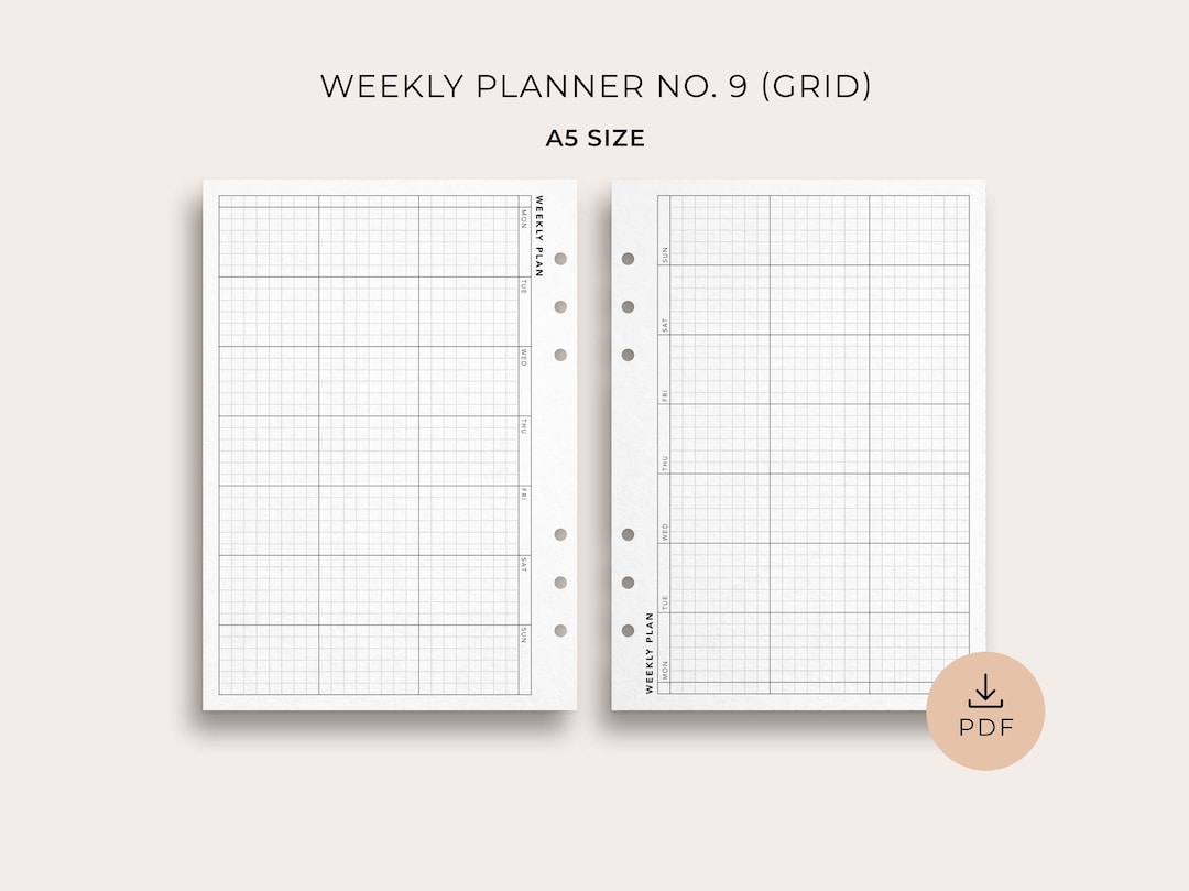 Weekly Planner No. 9 Grid Version, A5 Size Printable Insert, Horizontal ...