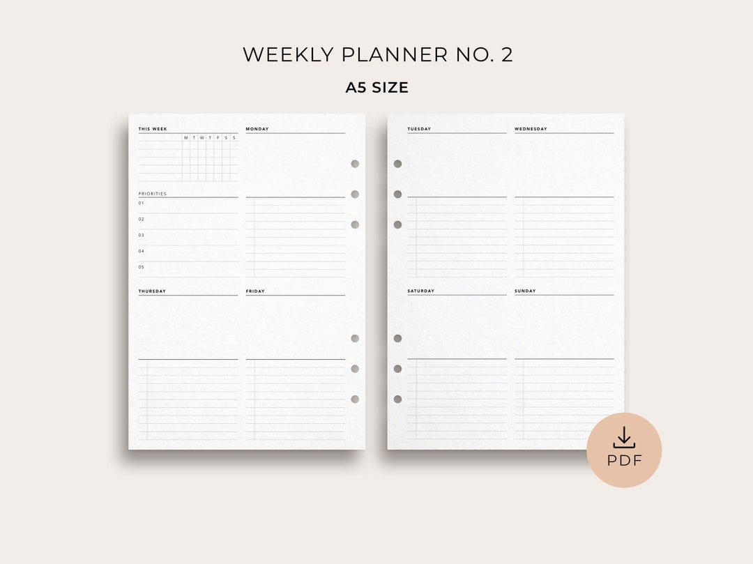 Weekly Planner No. 2, A5 Size Printable Weekly Planner With Undated ...