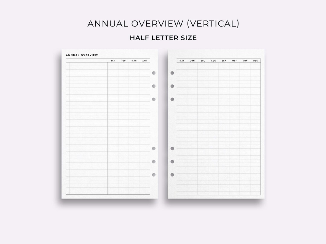 Annual Overview Vertical Layout, Half Letter Size Printable Recurring ...