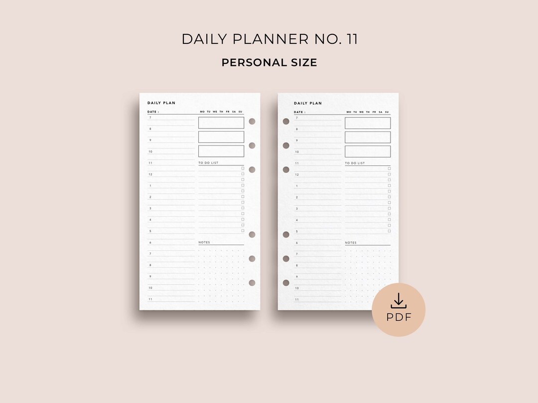 Daily Planner No. 11, Personal Size Printable Daily Agenda With Hourly ...