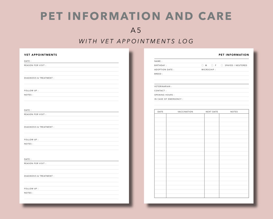 A5 Pet Information Printable with Vet Appointments Log Pet | Etsy
