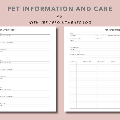 Pet Care Planner Inserts A5 Printable Puppy Health Tracker - Etsy
