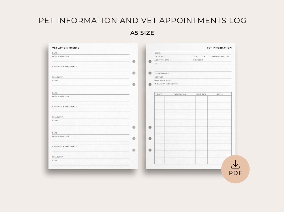 Pet Information and Vet Appointments Log, A5 Size Pet Care Planner ...