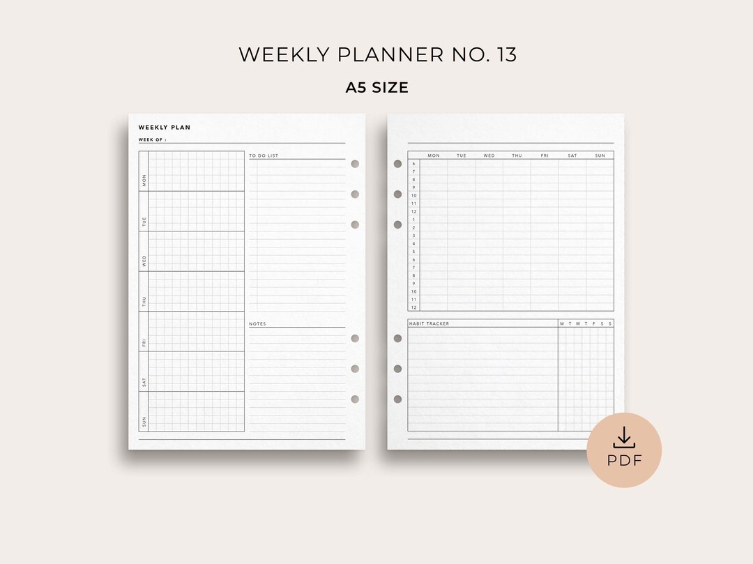 Weekly Planner No. 13, A5 Size Printable Weekly Planner Insert, Week on ...