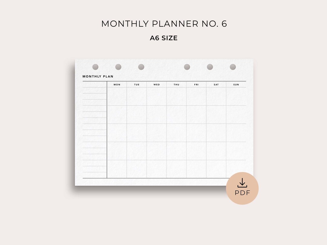 Monthly Planner No. 6, A6 Size Printable Month on 1 Page Calendar ...