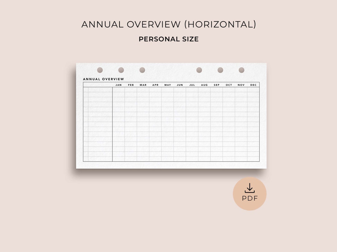 Annual Overview Horizontal Layout, Personal Size Printable Monthly ...