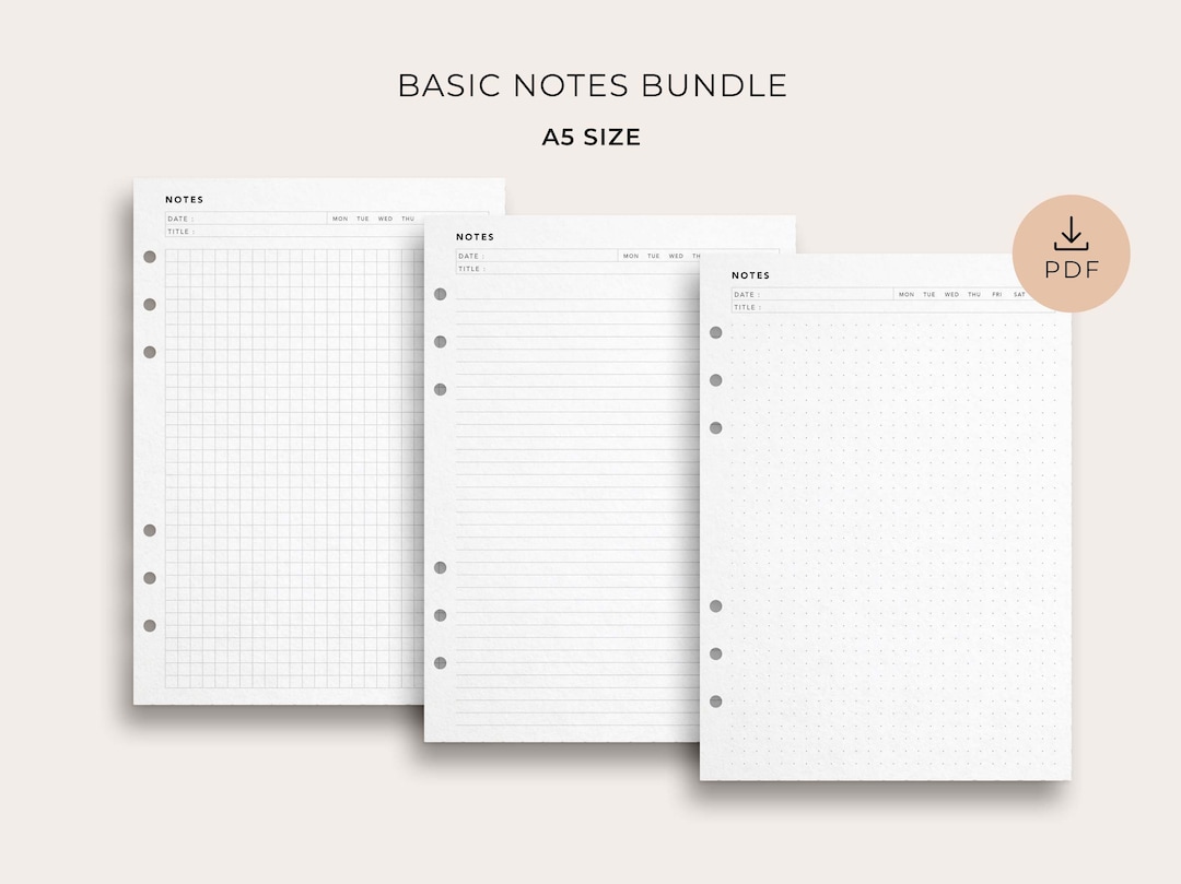 Basic Notes Bundle, A5 Size Printable Dotted, Grid and Lined Notes ...