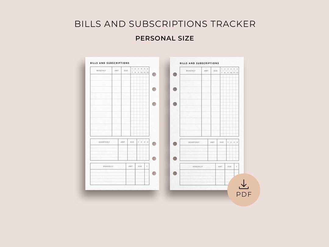 Bill and Subscription Tracker Personal Size Printable Monthly Bill ...