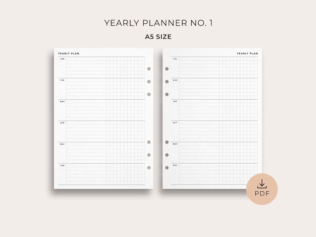 Yearly Planner No. 1, A5 Size Printable Annual Planner, Year on Two ...