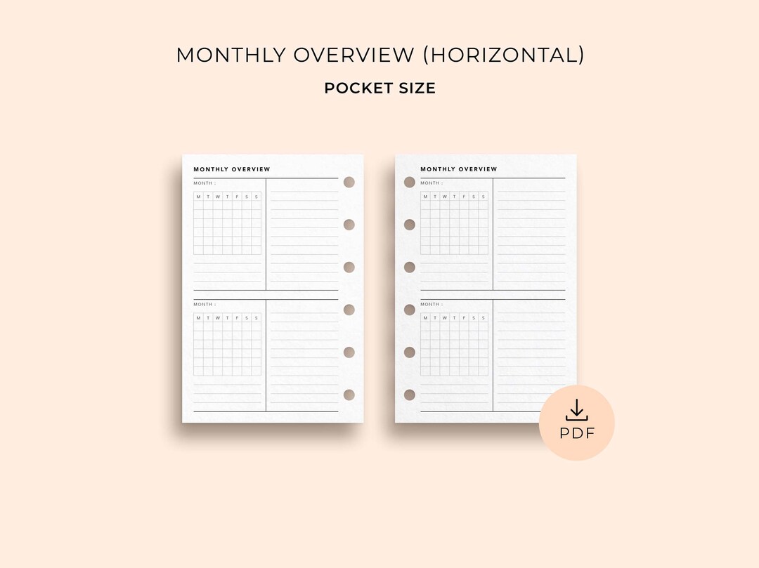 Monthly Overview Horizontal Layout, Pocket Size Printable Monthly ...