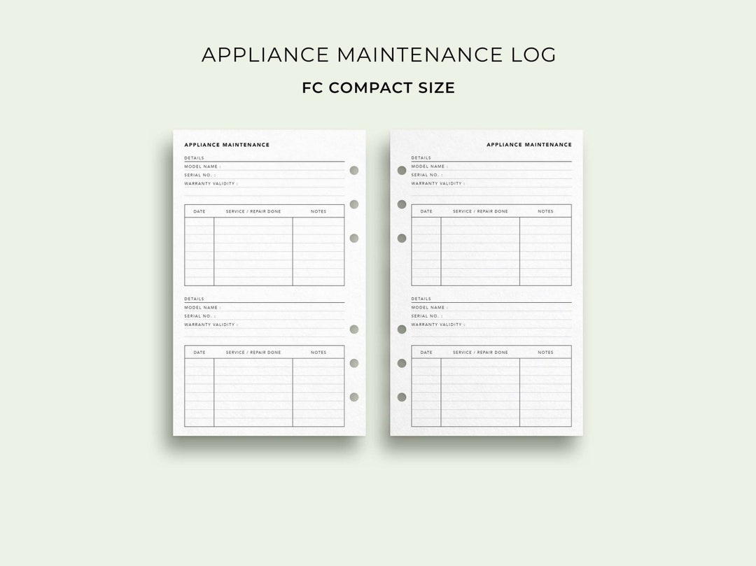 Appliance Maintenance Log, FC Compact Size Printable Appliance ...