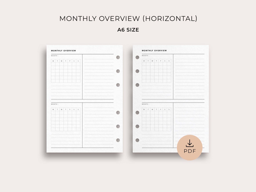 Monthly Overview Horizontal Layout, A6 Size Printable Monthly Calendar ...