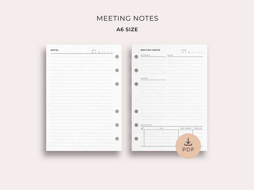 Meeting Notes Template, A6 Size Printable Meeting Agenda Template, Note ...