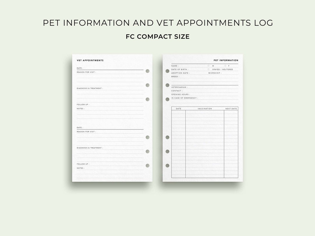Pet Information and Vet Appointment Tracker, FC Compact Size Printable ...